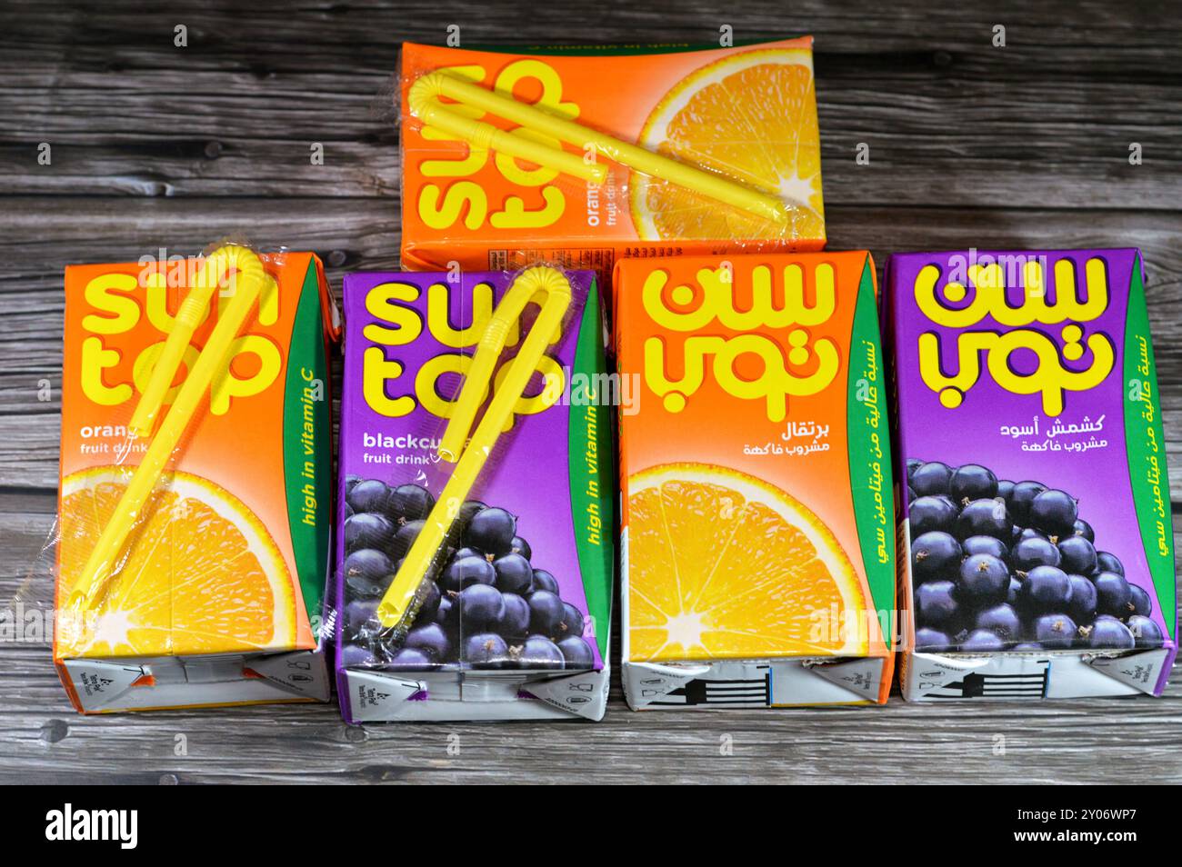 Cairo, Egypt, August 9 2024: SunTop Orange and Blackcurrent fruit juice ...