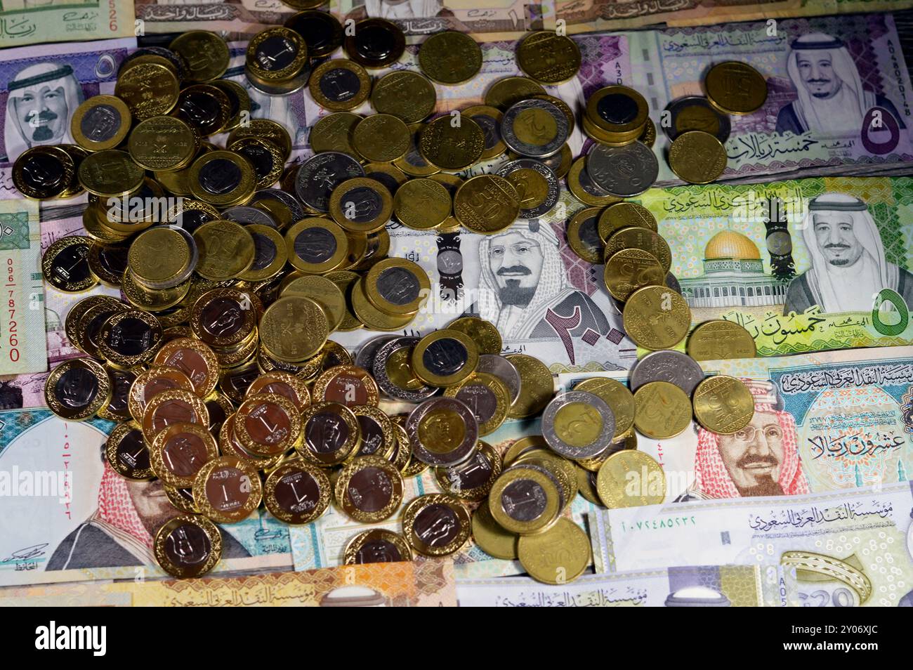 Coins of Saudi Arabian riyal, 2, 1, half and quarter coin on Saudi ...