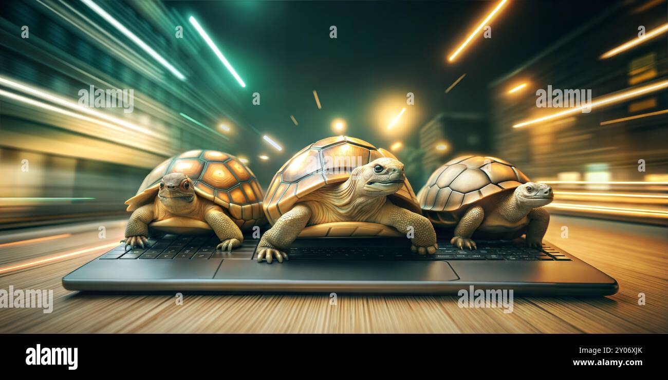 Three turtles are racing on a laptop at high speed. High internet speed ...