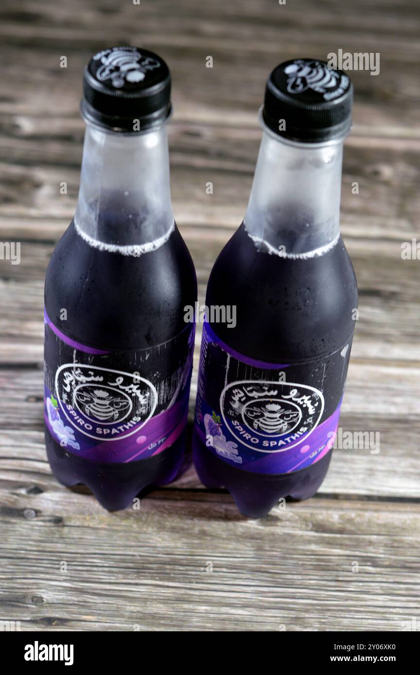 Cairo, Egypt, August 16 2024: Spiro Spathis with Greek grape soda drink ...