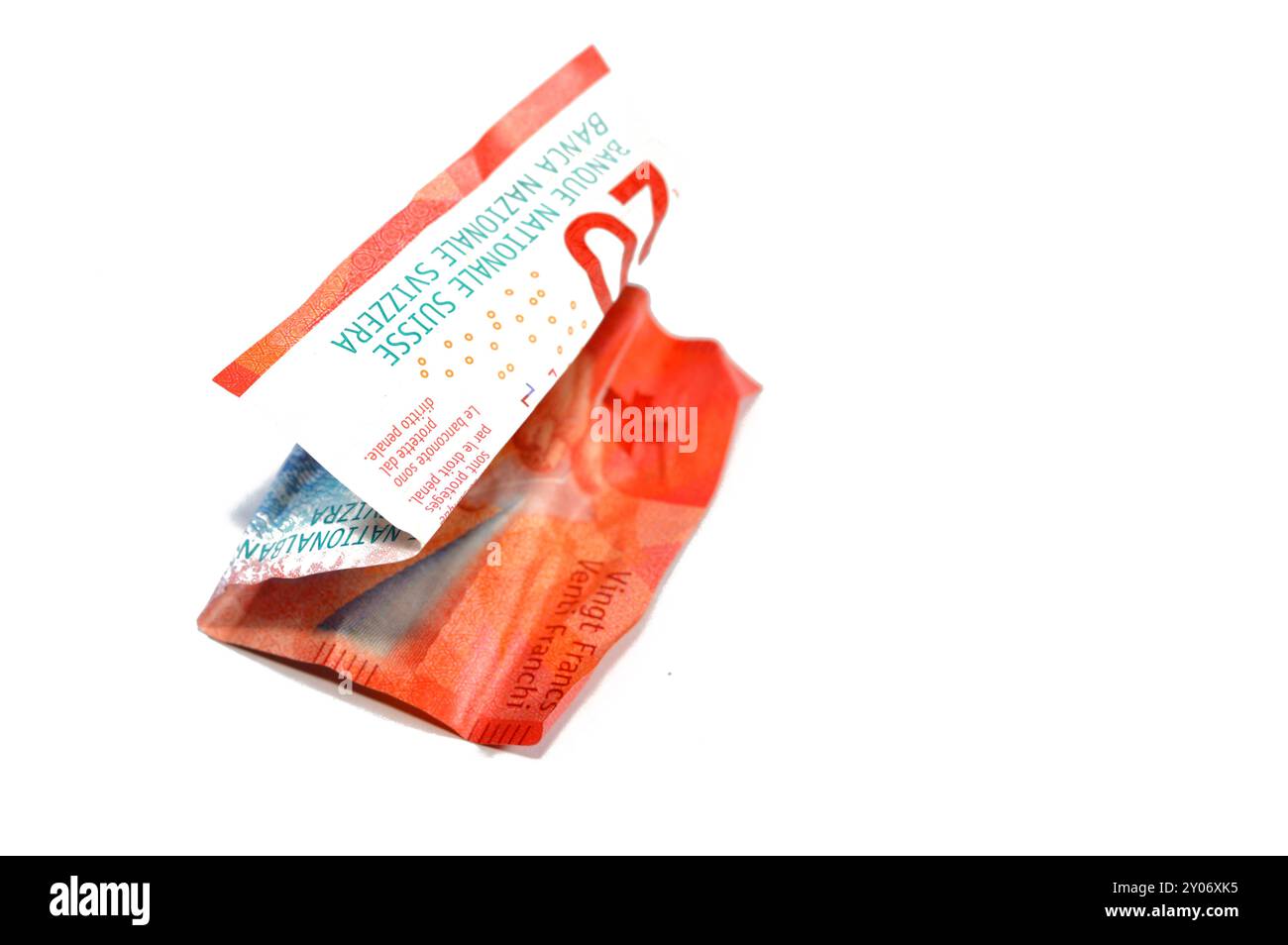 A Crumpled Switzerland 20 CHF Twenty Francs money banknote, crushed ...