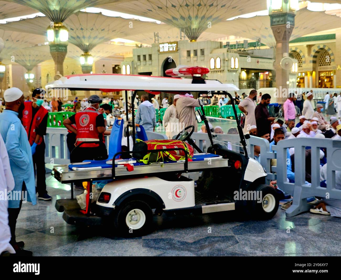 Medina, Saudi Arabia, June 26 2024: Saudi Crescent authority vehicle with a volunteer team ...