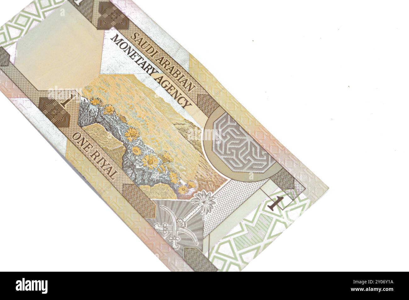 Reverse side of an old Saudi Arabia banknote bill, one 1 Riyal SAR ...