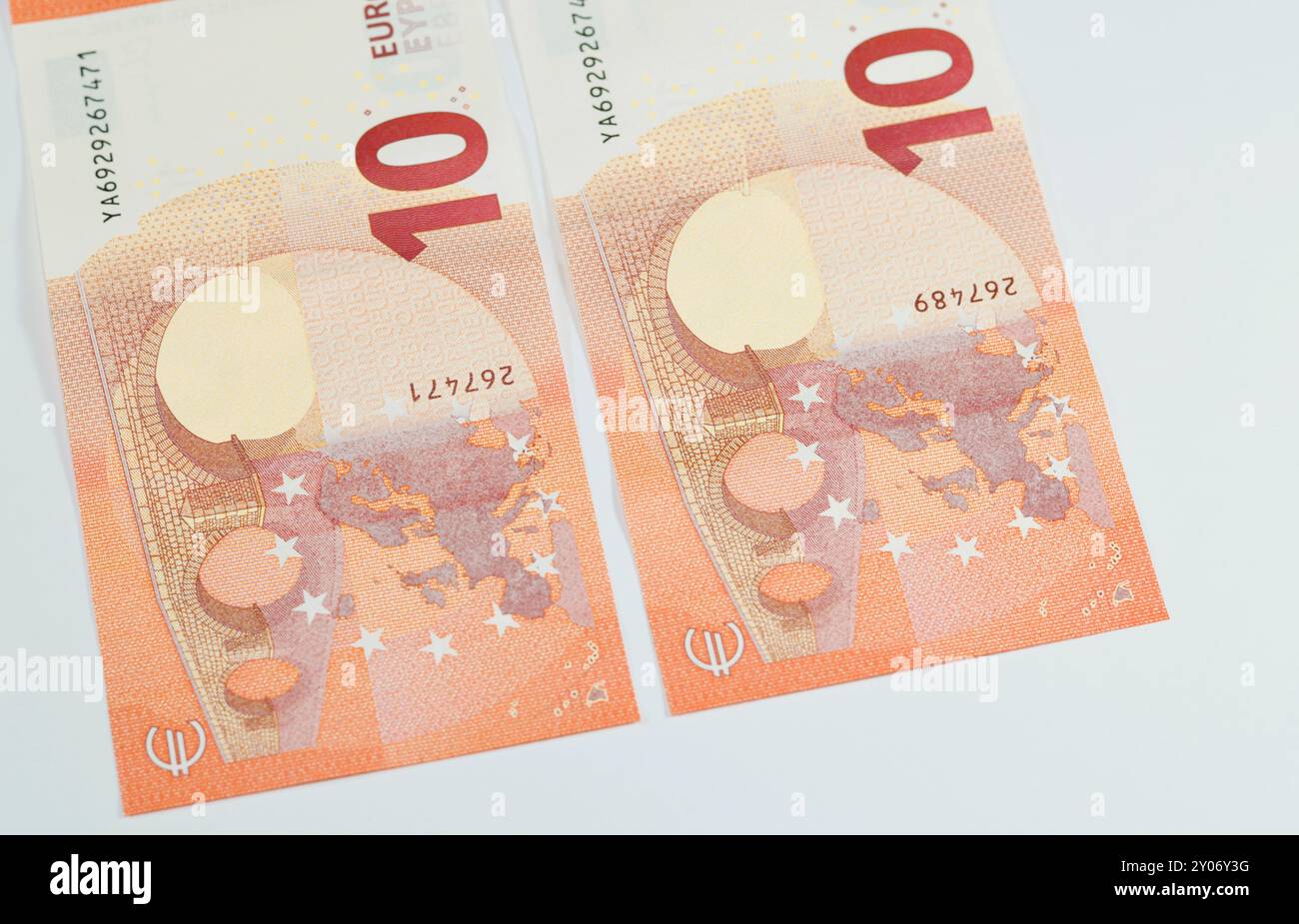 reverse side of 10 ten Euro bill banknote, the currency of the European ...