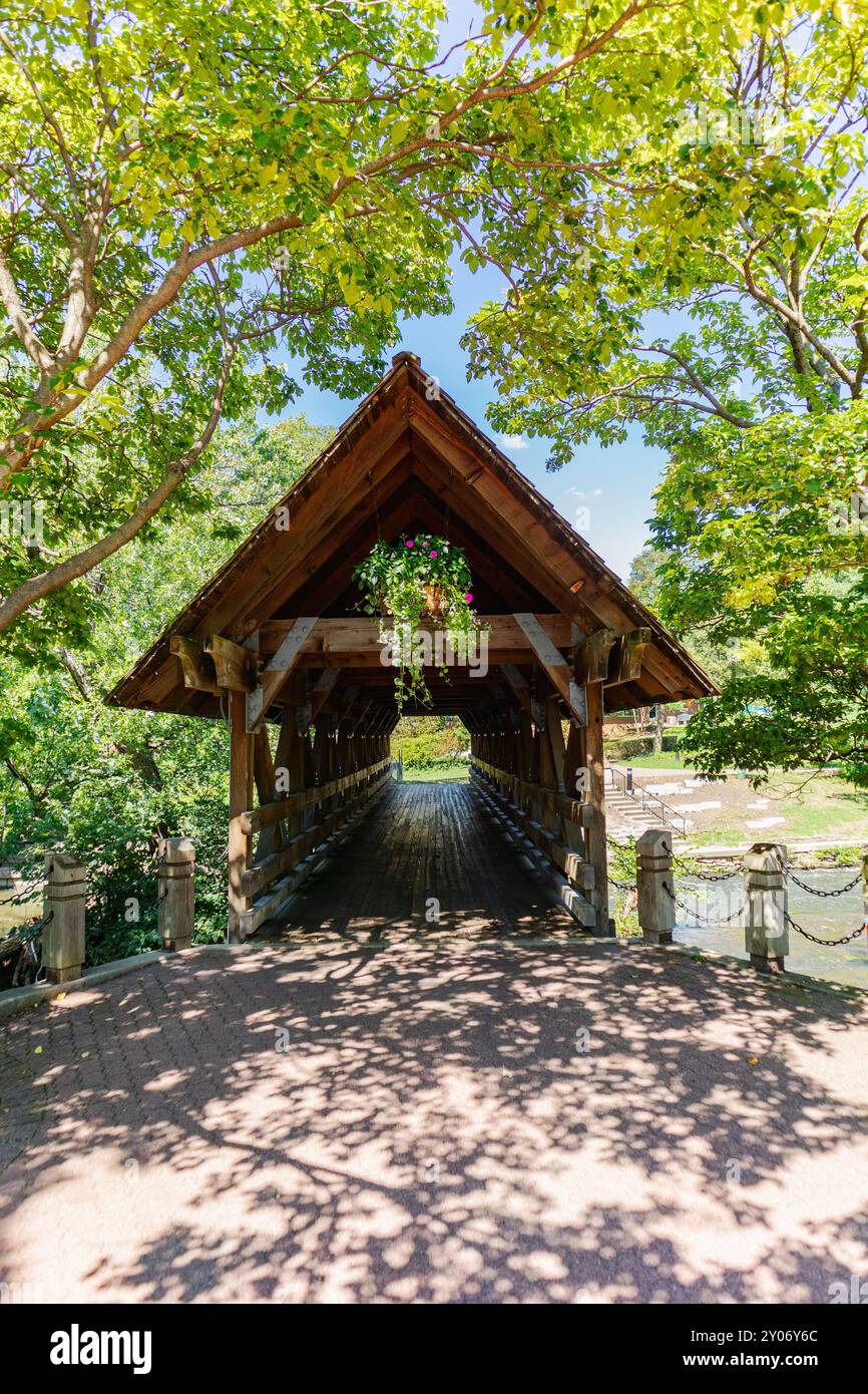 Wooden covered bridge over a river in summer Stock Photo - Alamy