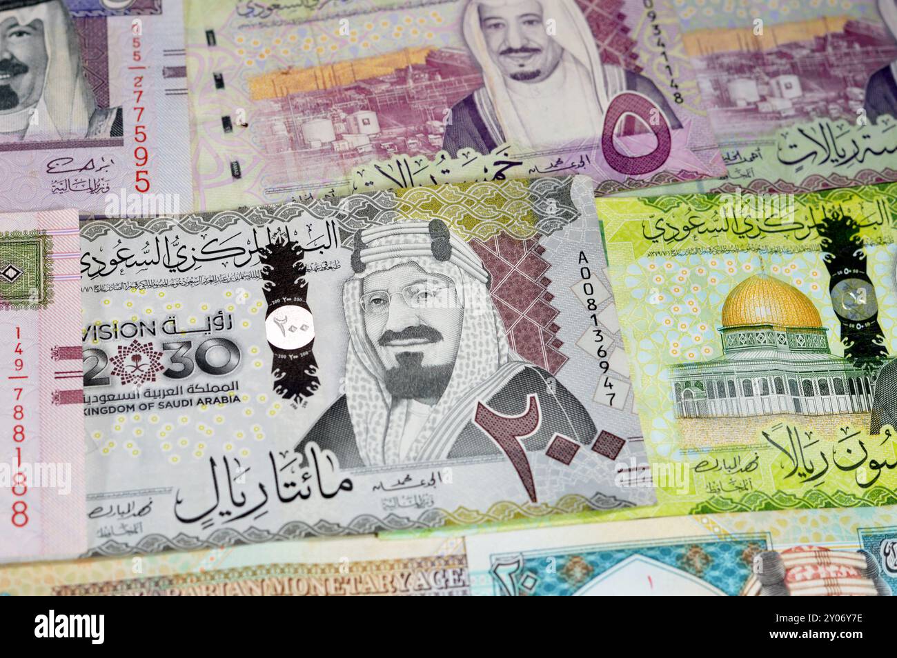Saudi Arabia money banknotes of riyals bills, of different values ...