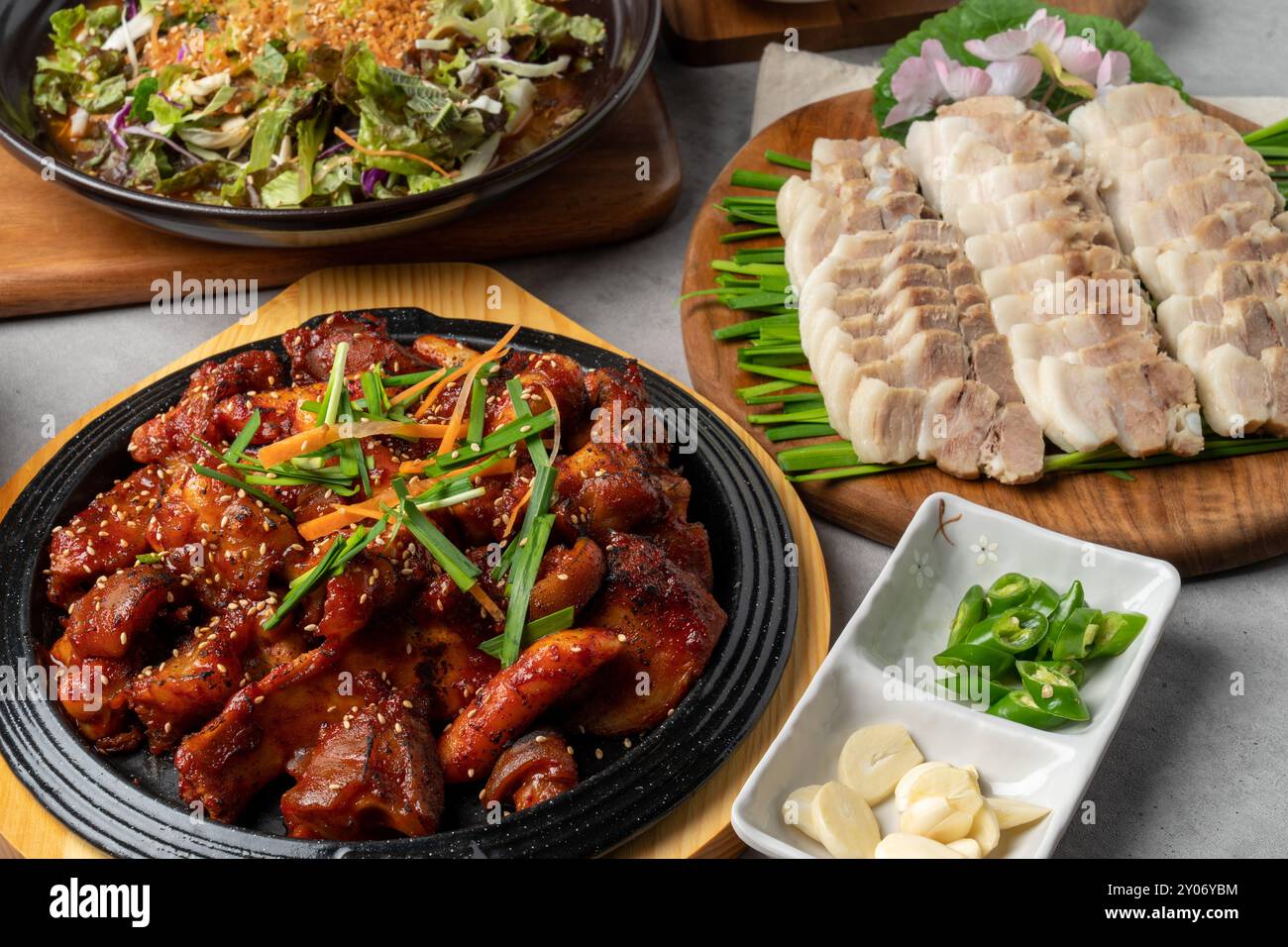 Korean food, pig's feet, pork, bossam, lettuce, perilla leaves, spicy ...