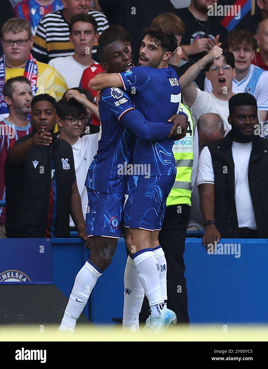 Chelsea's Nicolas Jackson (left) celebrates with Pedro Neto scoring ...