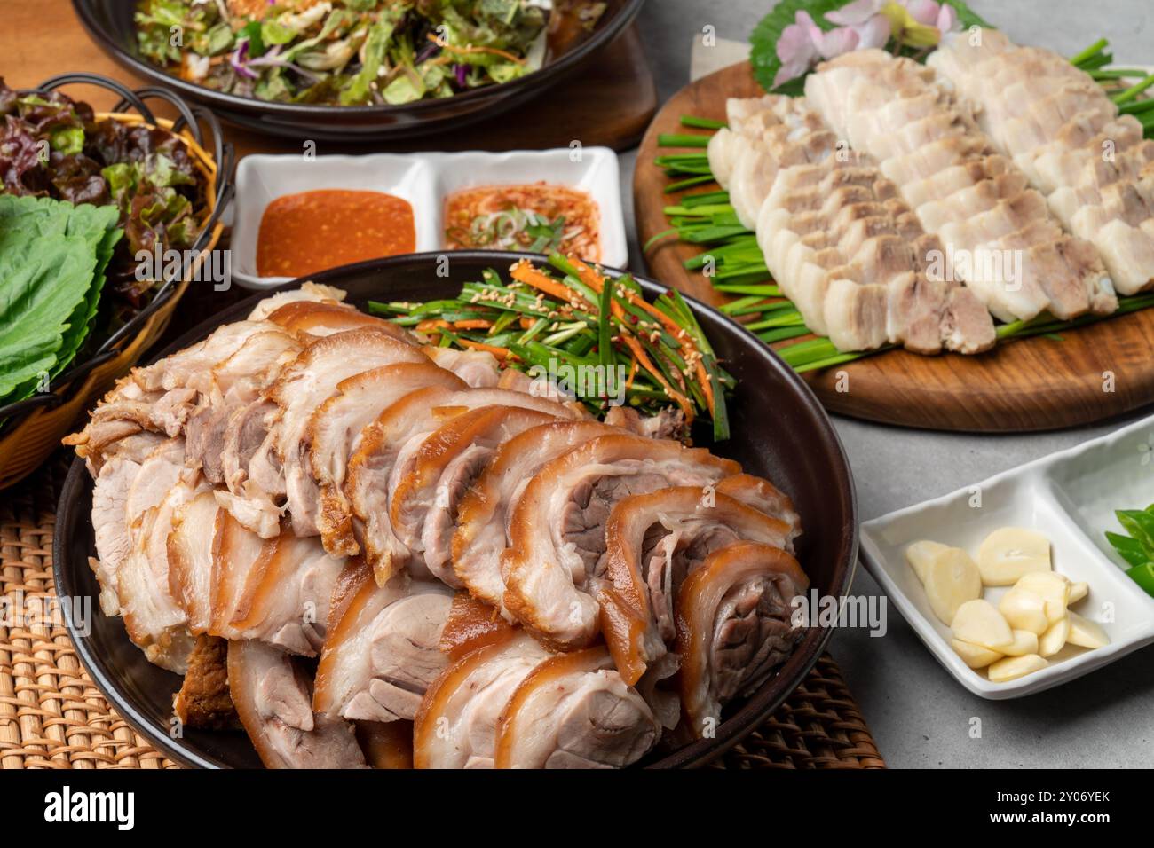 Korean food, pig's feet, pork, bossam, lettuce, perilla leaves, spicy ...