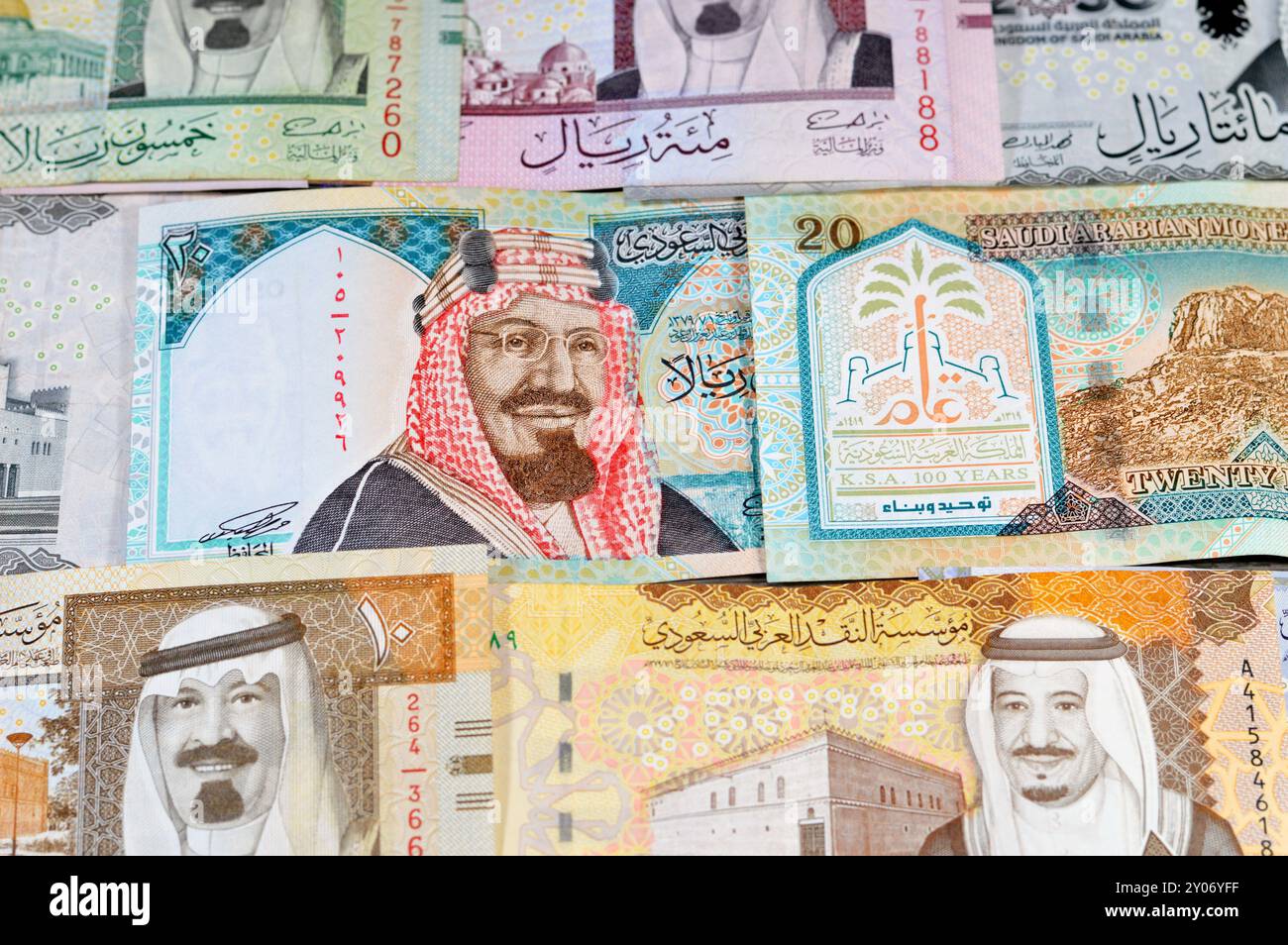 Saudi Arabia money banknotes of riyals bills, of different values ...