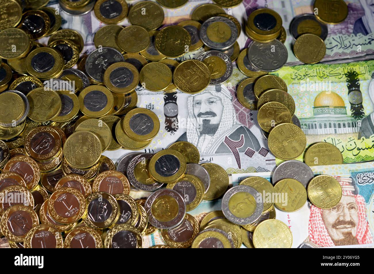 Coins of Saudi Arabian riyal, 2, 1, half and quarter coin on Saudi ...
