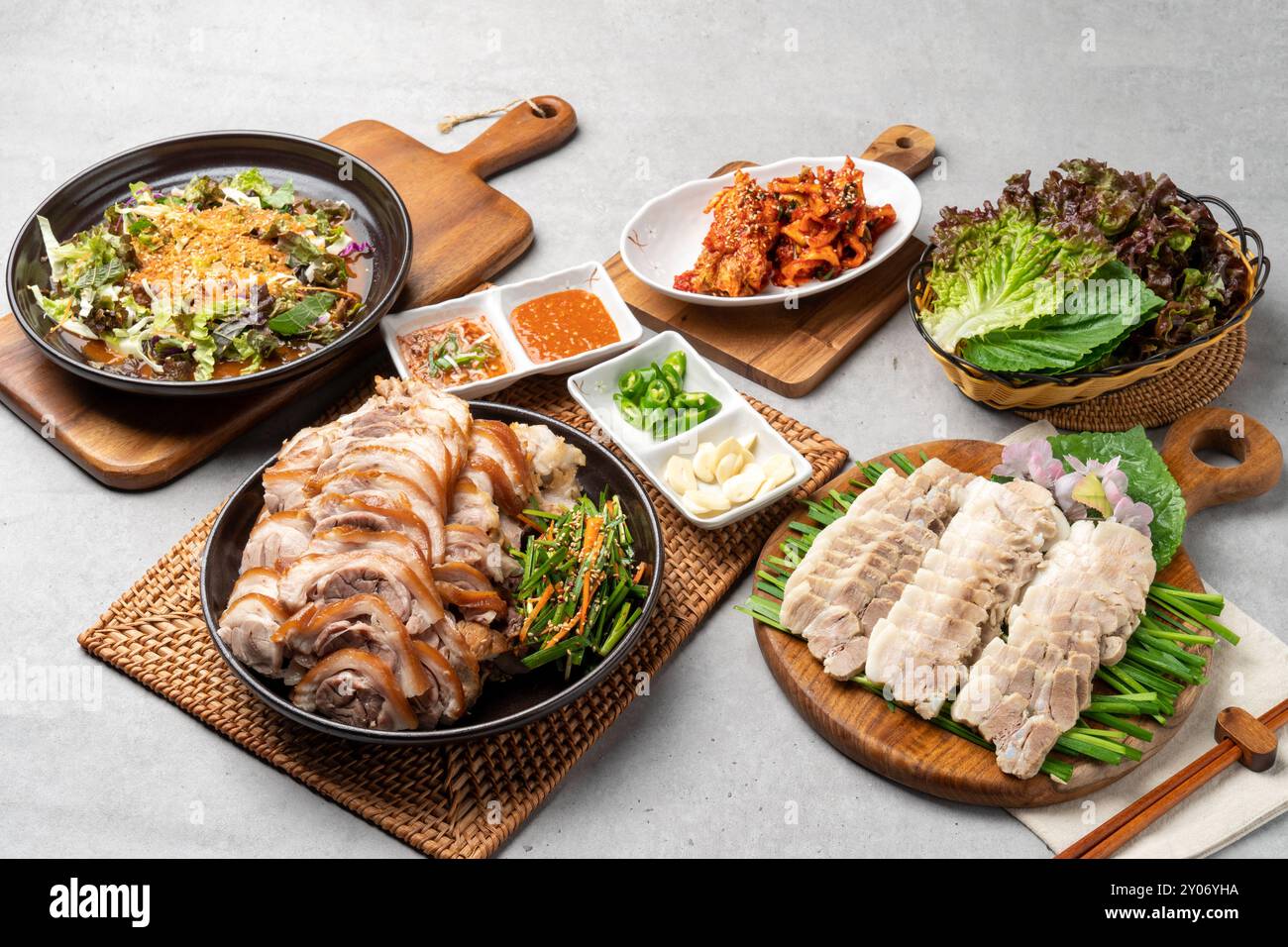 Korean food, pig's feet, pork, bossam, lettuce, perilla leaves, spicy ...