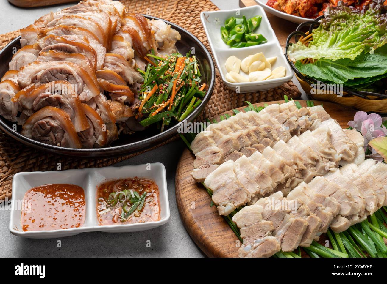 Korean food, pig's feet, pork, bossam, lettuce, perilla leaves, spicy ...