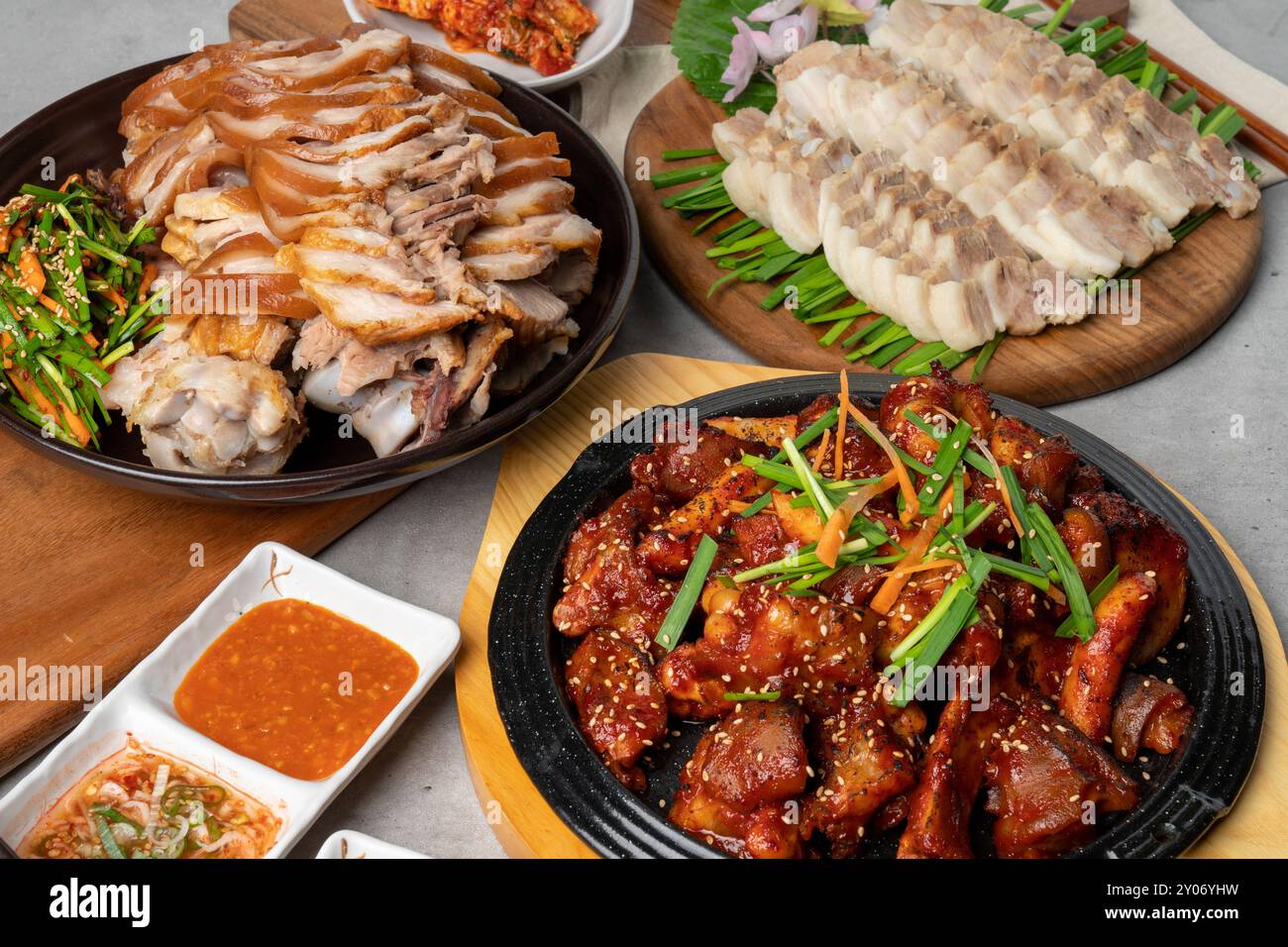 Korean food, pig's feet, pork, bossam, lettuce, perilla leaves, spicy ...