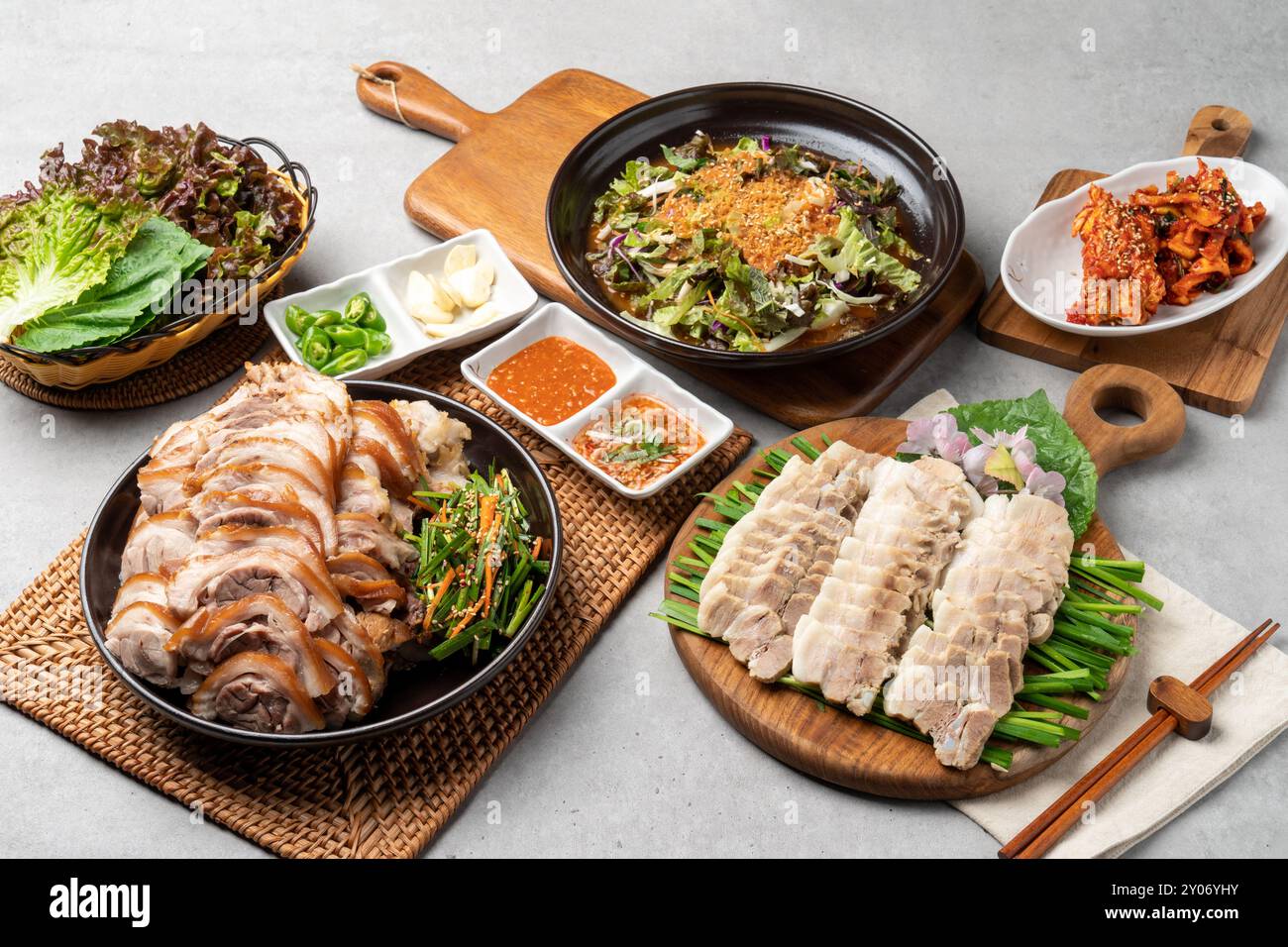 Korean food, pig's feet, pork, bossam, lettuce, perilla leaves, spicy ...