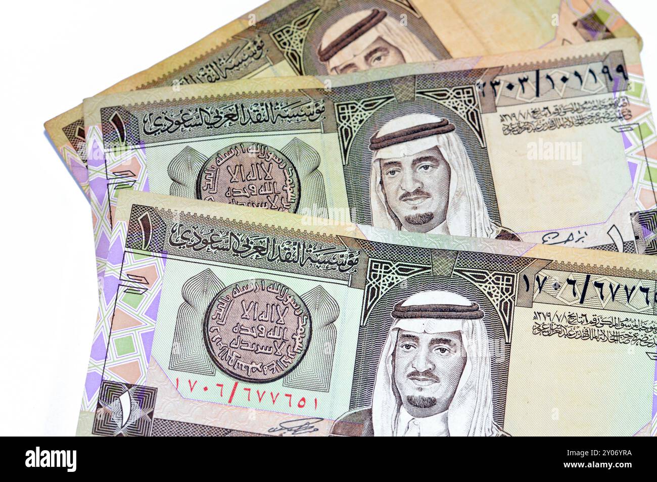 The obverse side of an old Saudi Arabia banknote bill, one 1 Riyal SAR ...