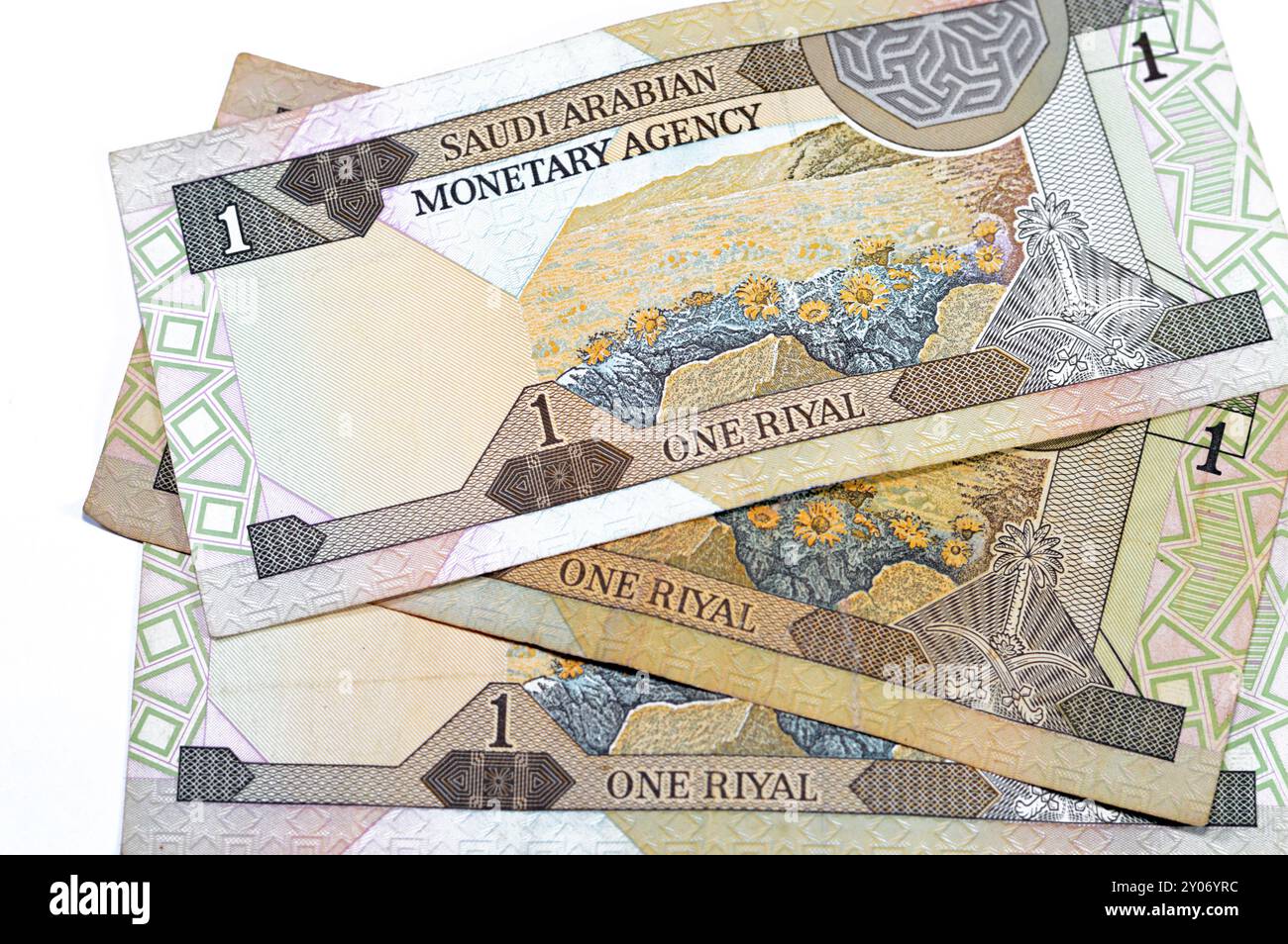 Reverse side of an old Saudi Arabia banknote bill, one 1 Riyal SAR ...