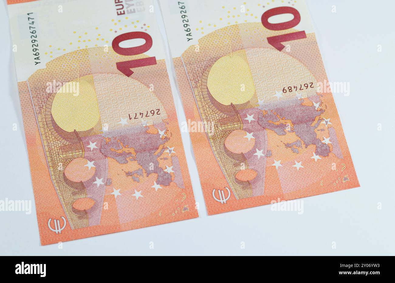 reverse side of 10 ten Euro bill banknote, the currency of the European ...