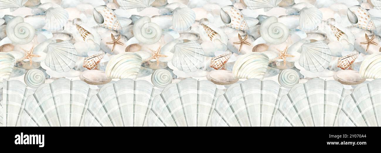 Seamless pattern and border of beige sea shells, stars and pebbles ...