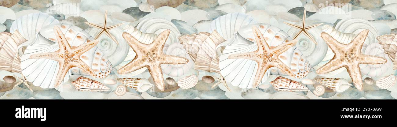 Seamless border of beige sea shells, stars and pebbles watercolor ...