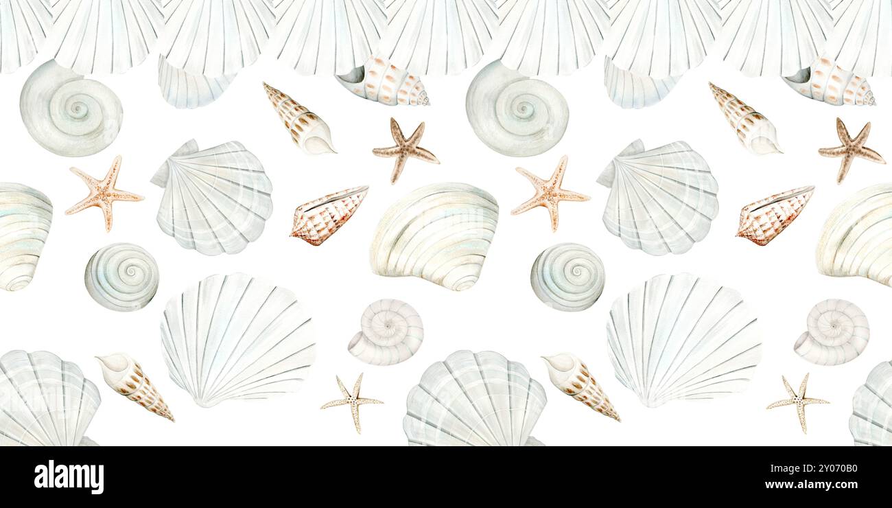 Seamless pattern and border of beige sea shells, stars and pebbles ...