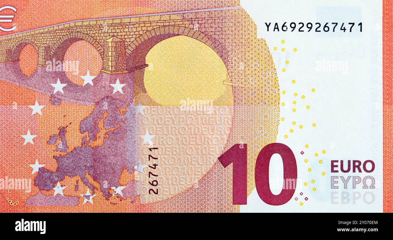 A large fragment of the reverse side of 10 ten Euro bill banknote, the ...
