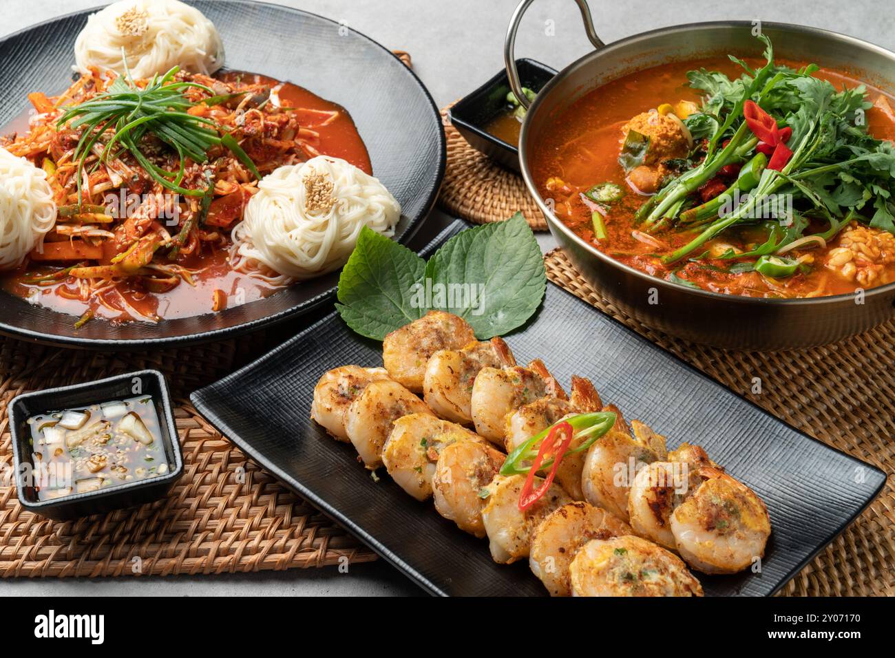 Korean food, fish, shrimp pancake, sea snail, seasoned noodles, soy ...