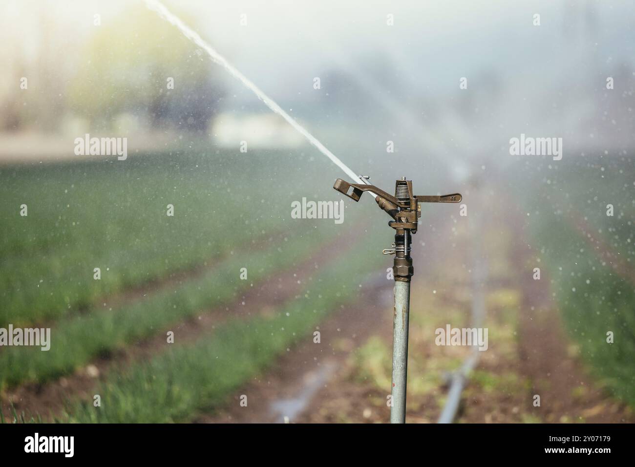 Irrigation plant on an agriculture field, summer day, soil Stock Photo ...