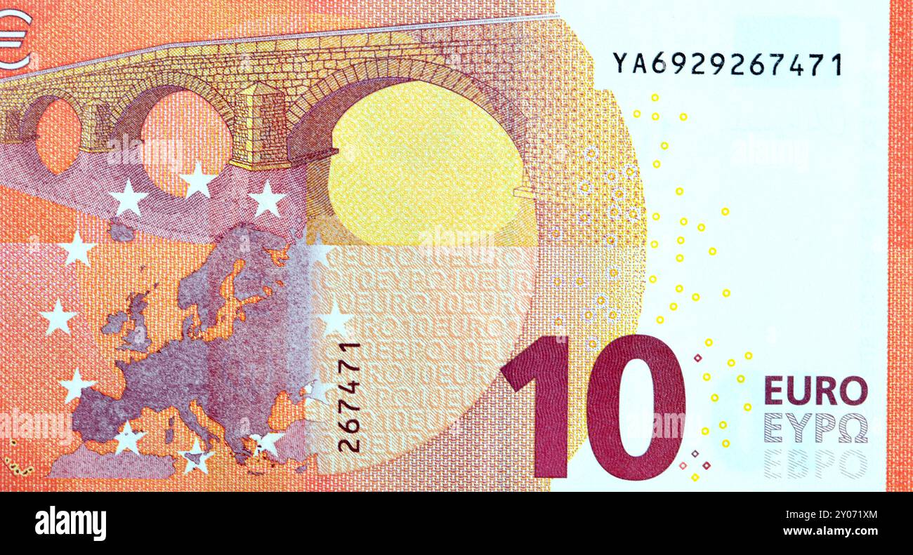 A large fragment of the reverse side of 10 ten Euro bill banknote, the ...