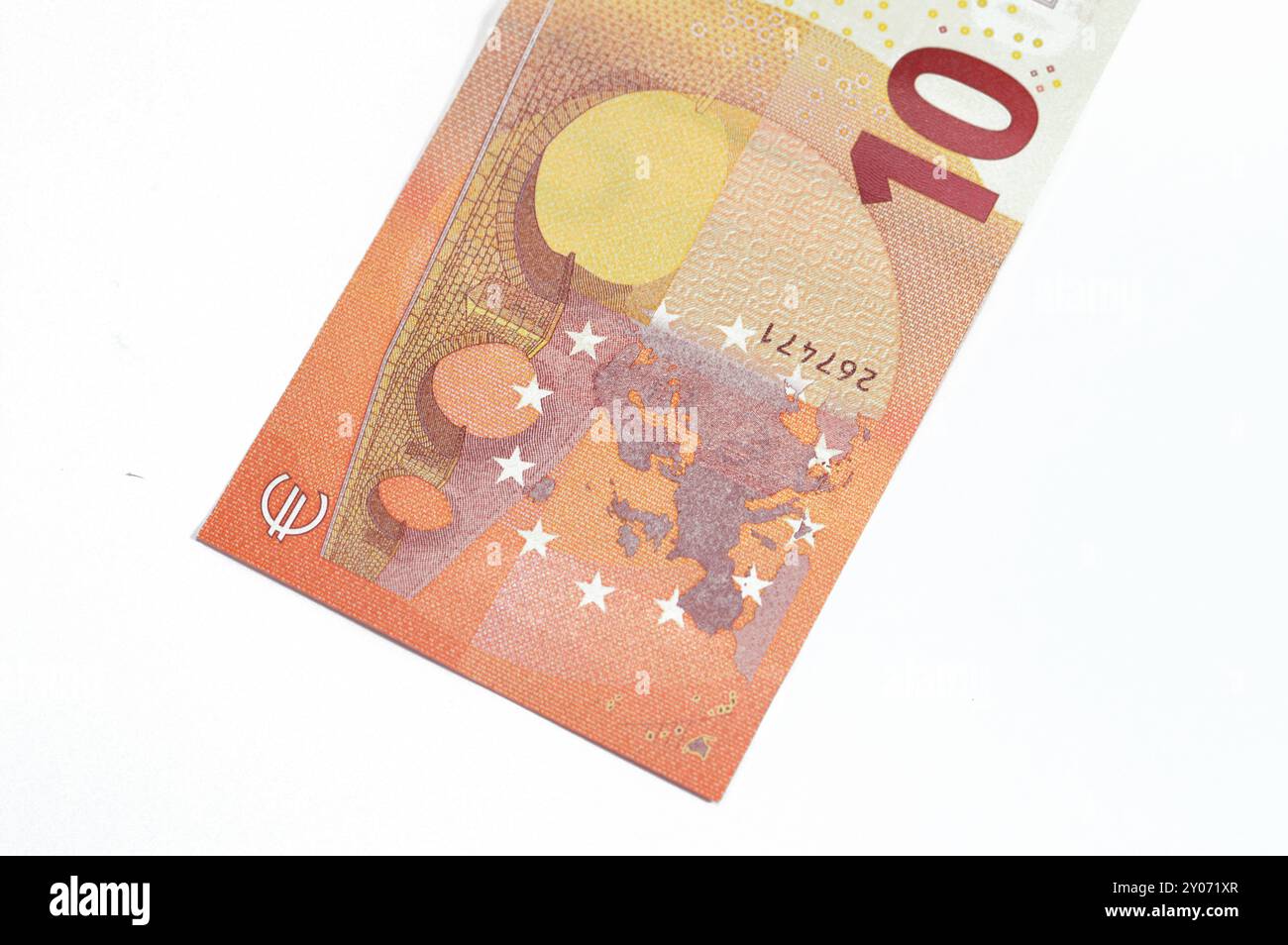 reverse side of 10 ten Euro bill banknote, the currency of the European ...