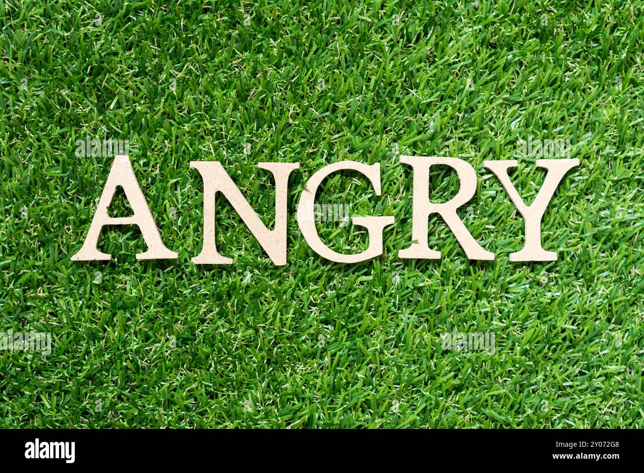 Wood alphabet letter in word angry on artificial green grass background ...