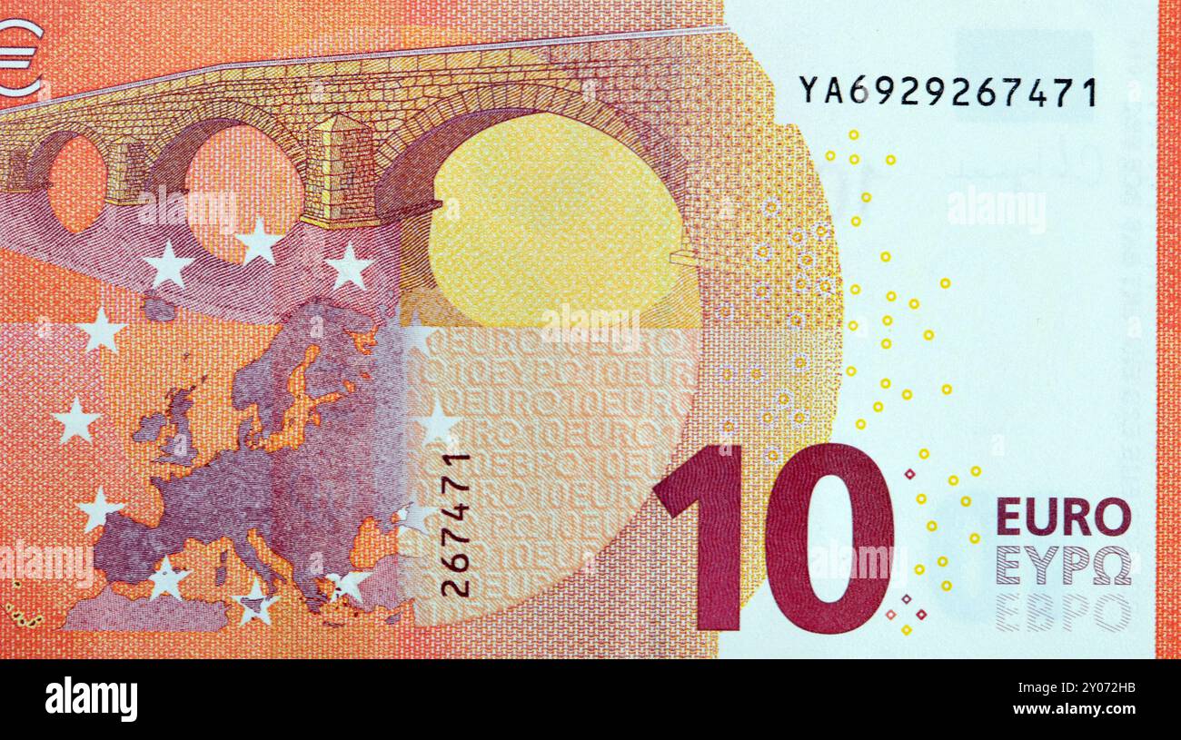 A large fragment of the reverse side of 10 ten Euro bill banknote, the ...