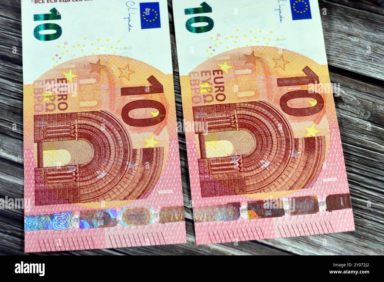 the obverse of 10 ten Euro bill banknote, the currency of the European ...