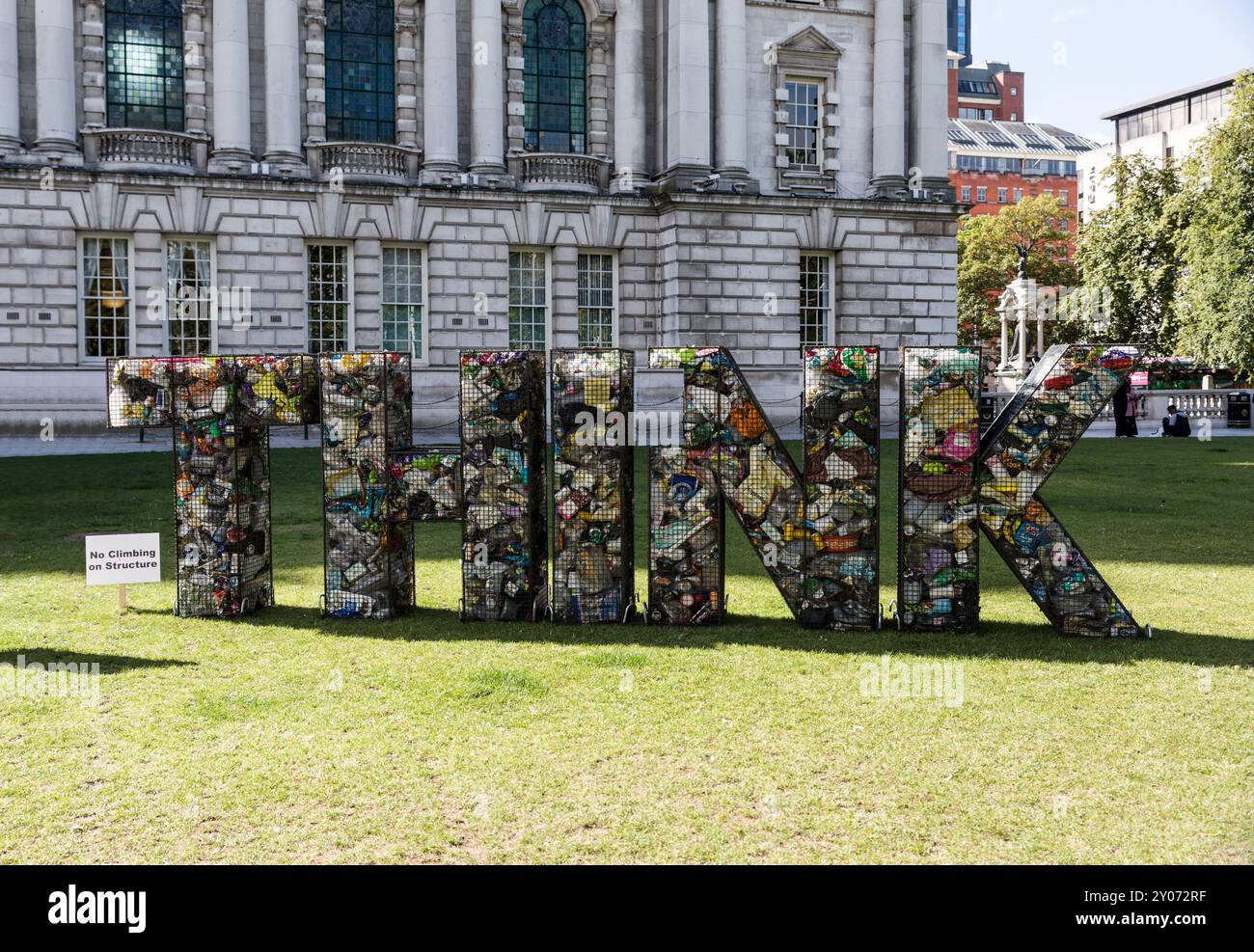 Plastic waste in a sculpture in front of Belfast City Hall, Northern ...