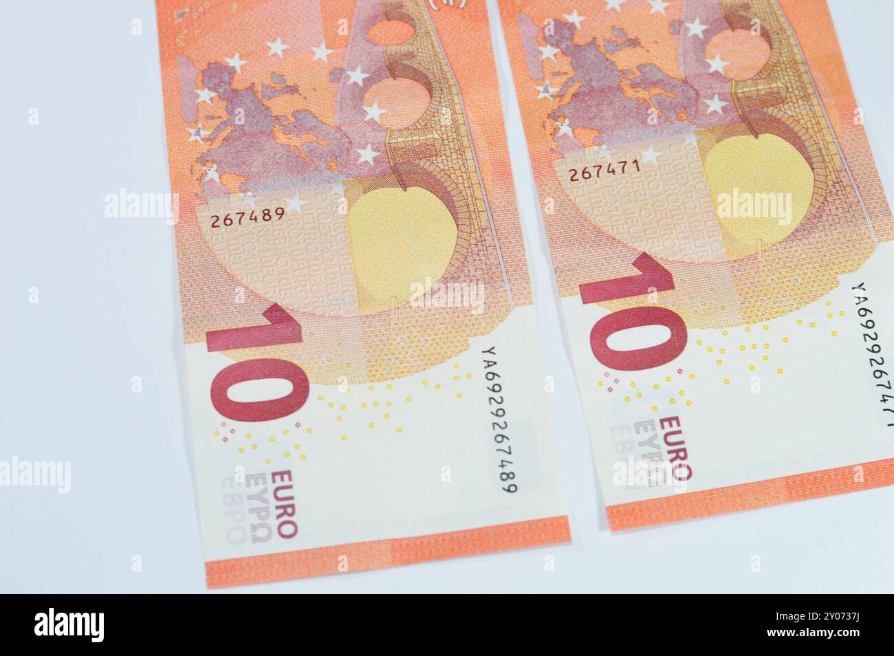 reverse side of 10 ten Euro bill banknote, the currency of the European ...