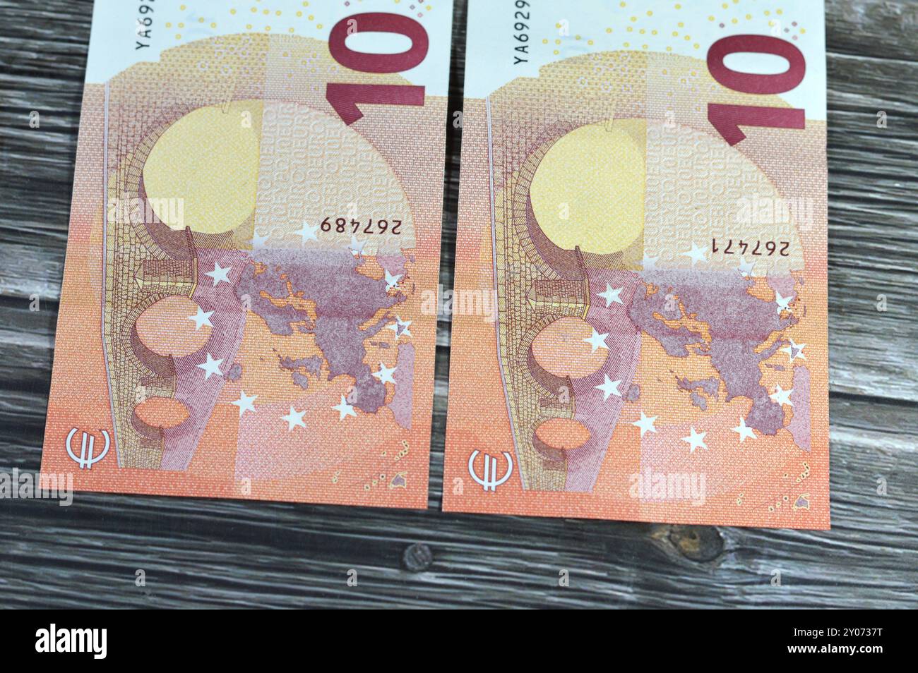 reverse side of 10 ten Euro bill banknote, the currency of the European ...