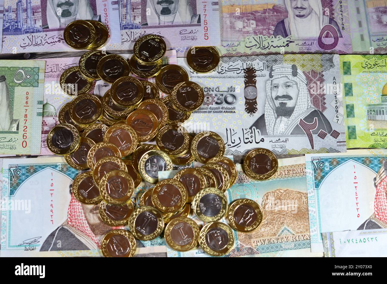 Coins of one Saudi Arabian riyal on Saudi Arabia money banknotes of ...