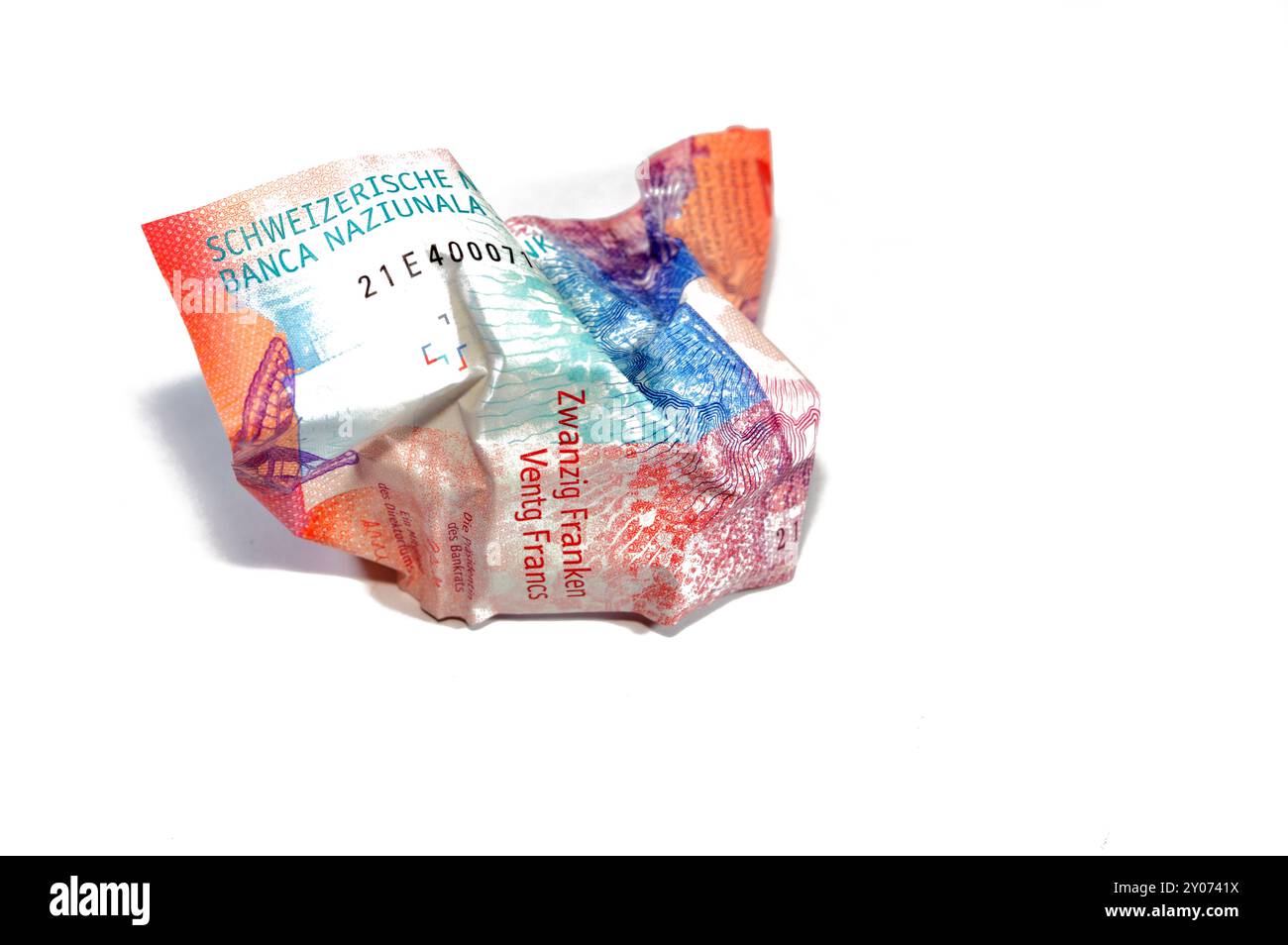 A Crumpled Switzerland 20 CHF Twenty Francs money banknote, crushed ...