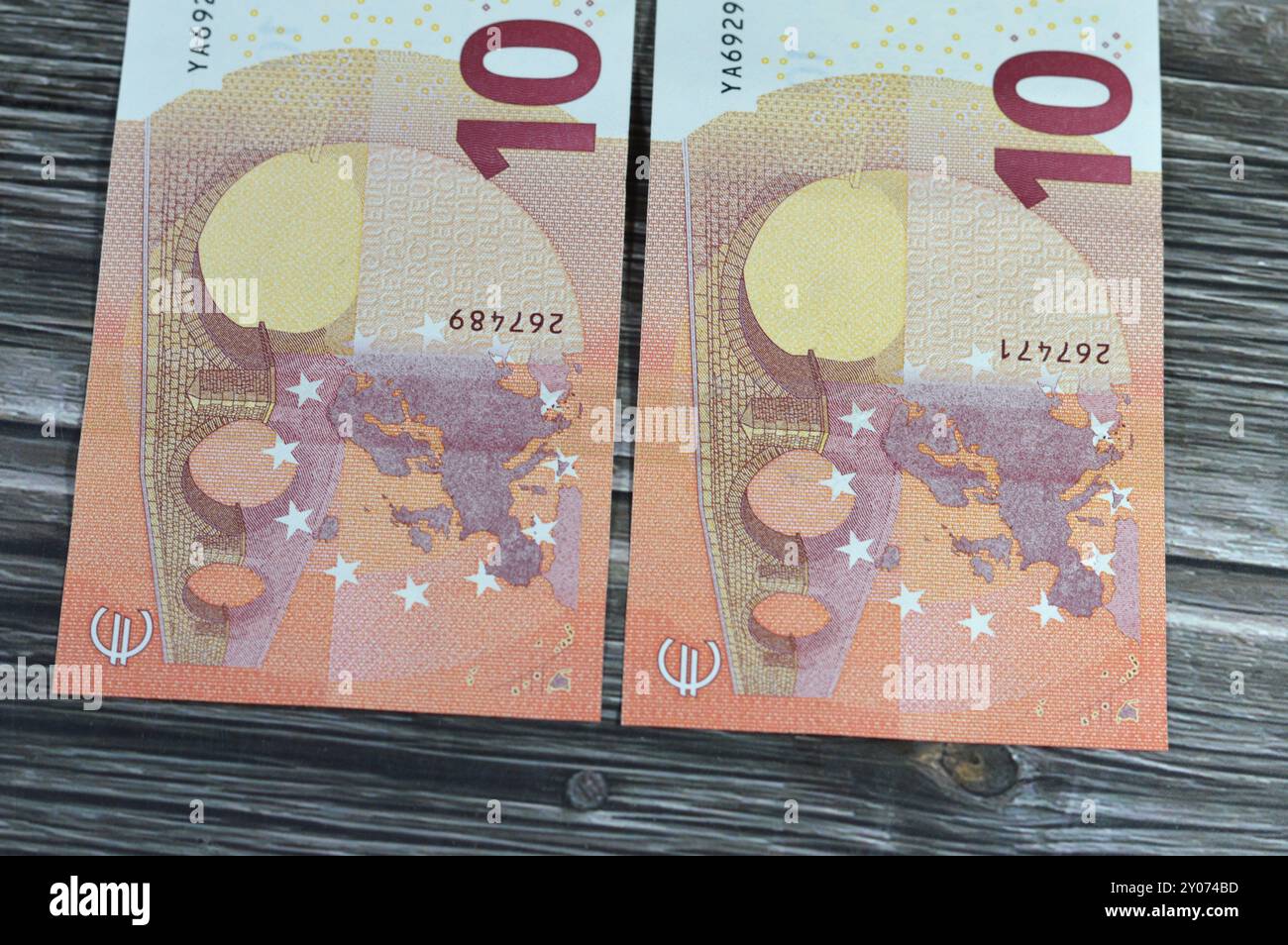 reverse side of 10 ten Euro bill banknote, the currency of the European ...