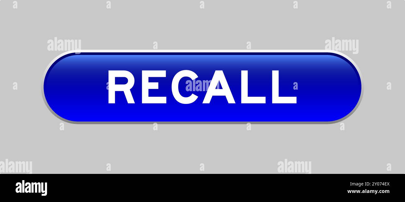 Blue color capsule shape button with word recall on gray background ...