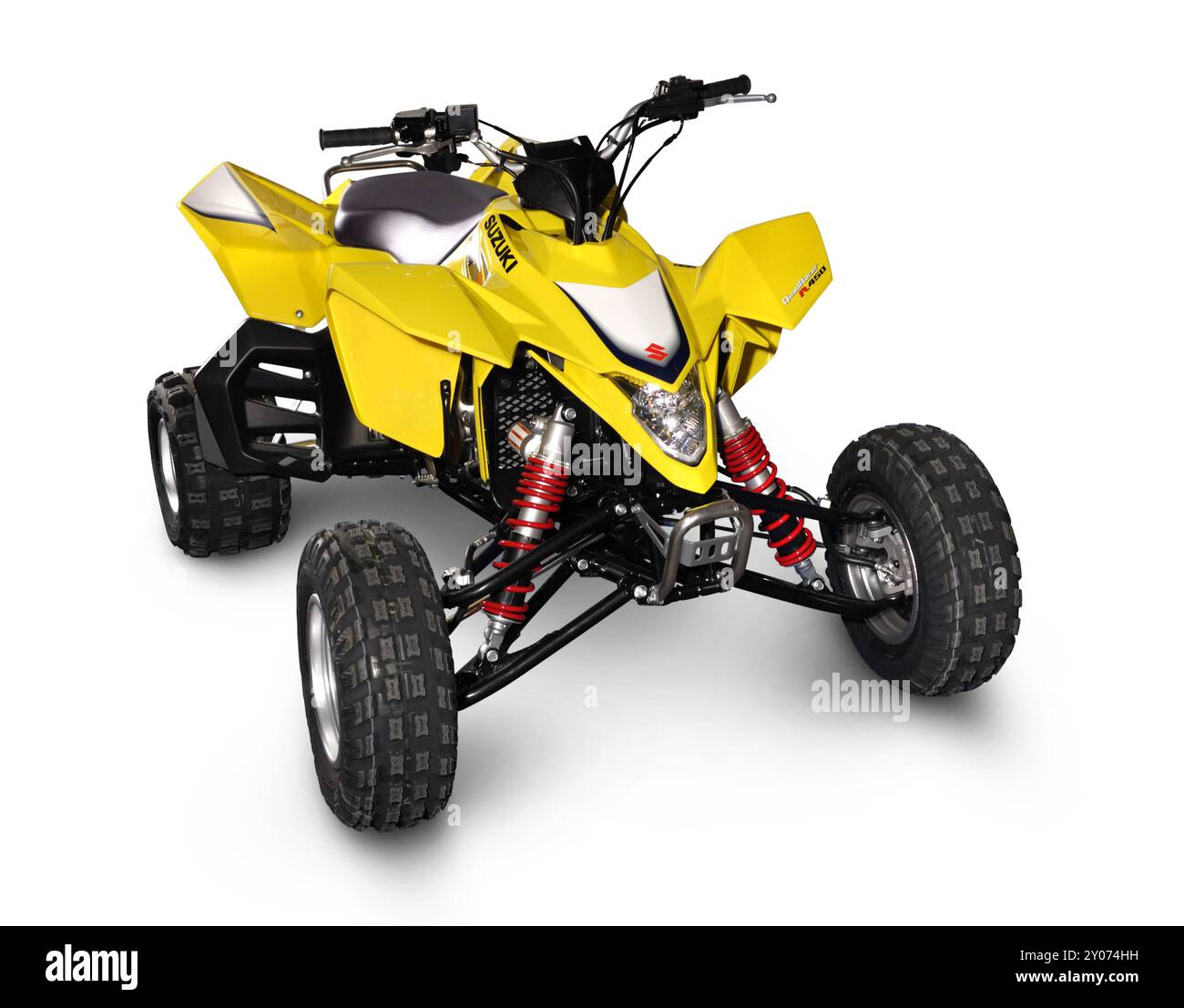 Close-up of yellow Suzuki 2007 QuadRacer R450 ATV sports quad Isolated ...