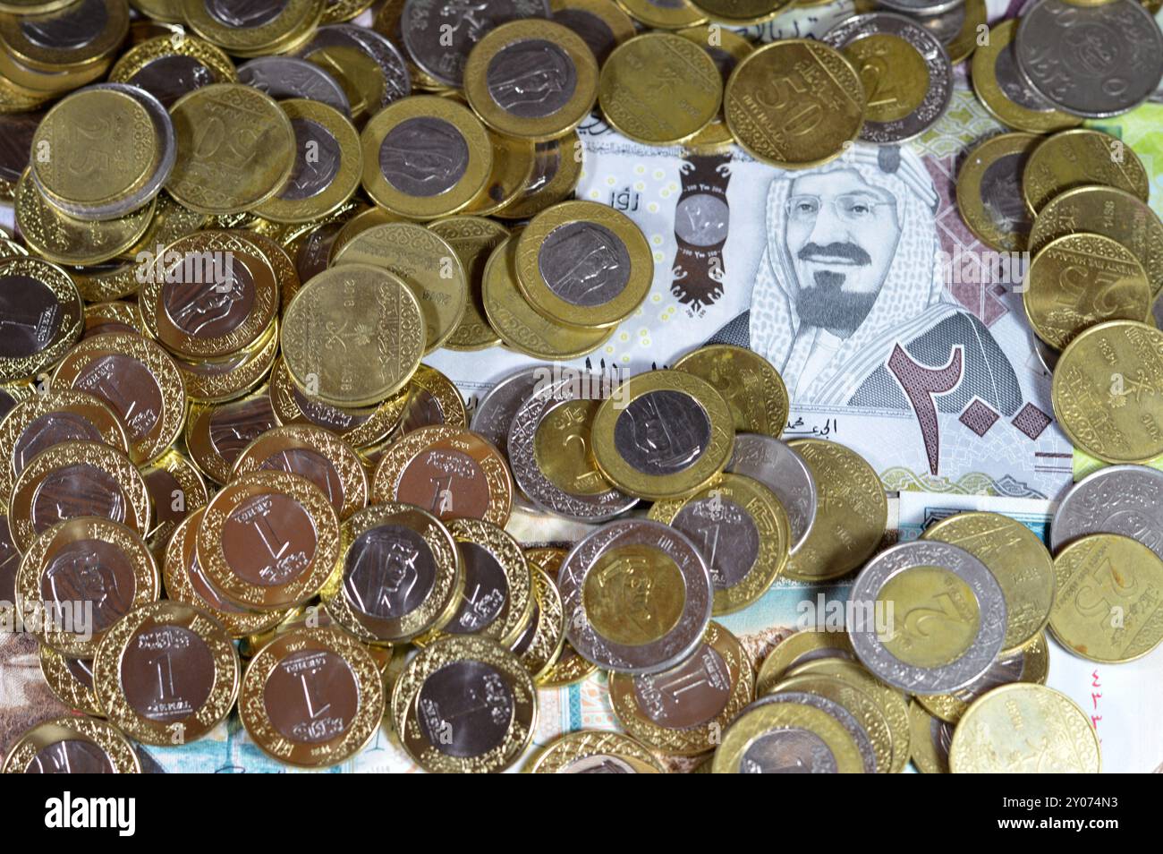 Coins of Saudi Arabian riyal, 2, 1, half and quarter coin on Saudi ...