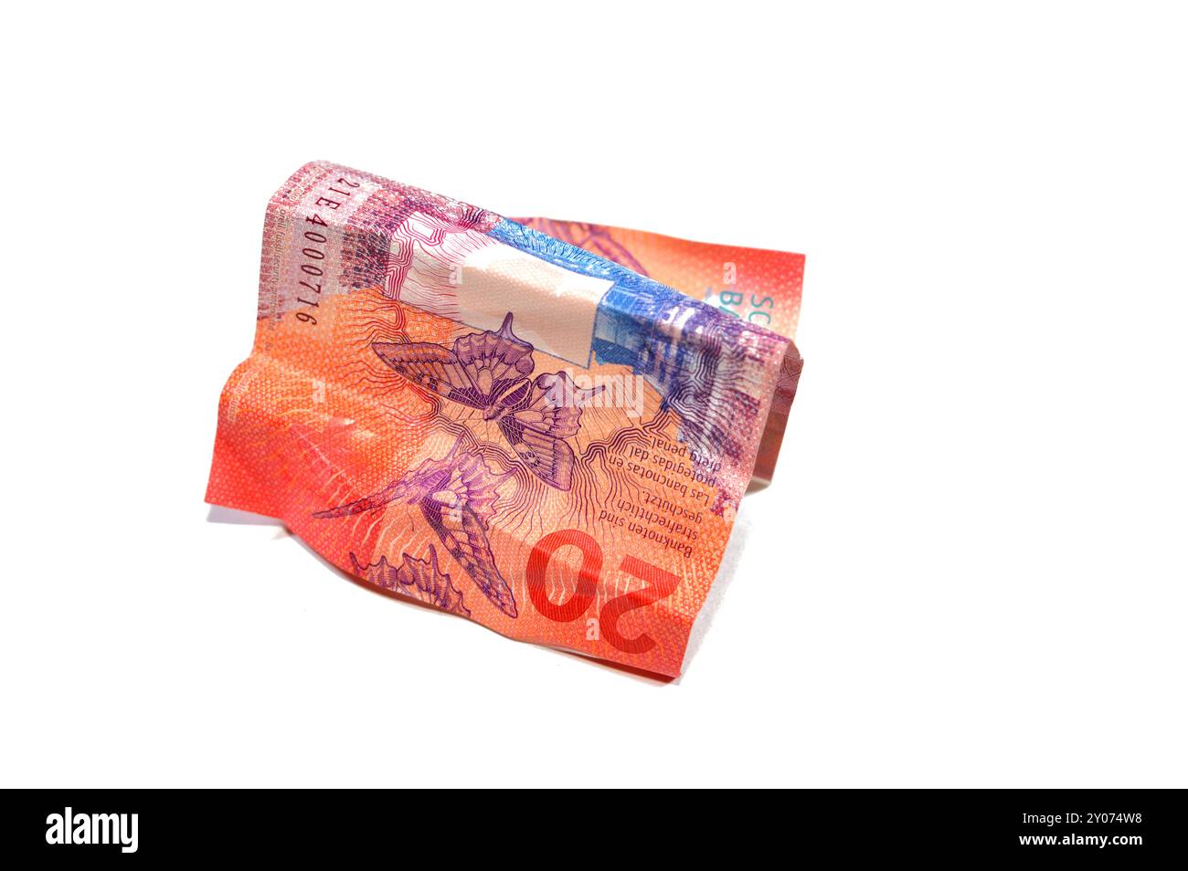 A Crumpled Switzerland 20 CHF Twenty Francs money banknote, crushed ...