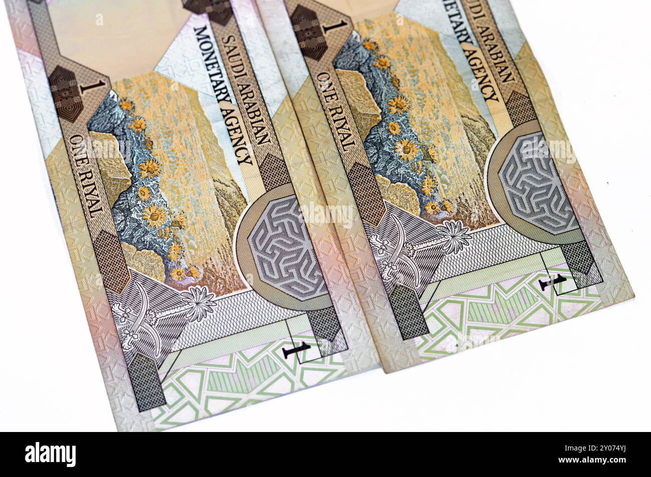 Reverse side of an old Saudi Arabia banknote bill, one 1 Riyal SAR ...