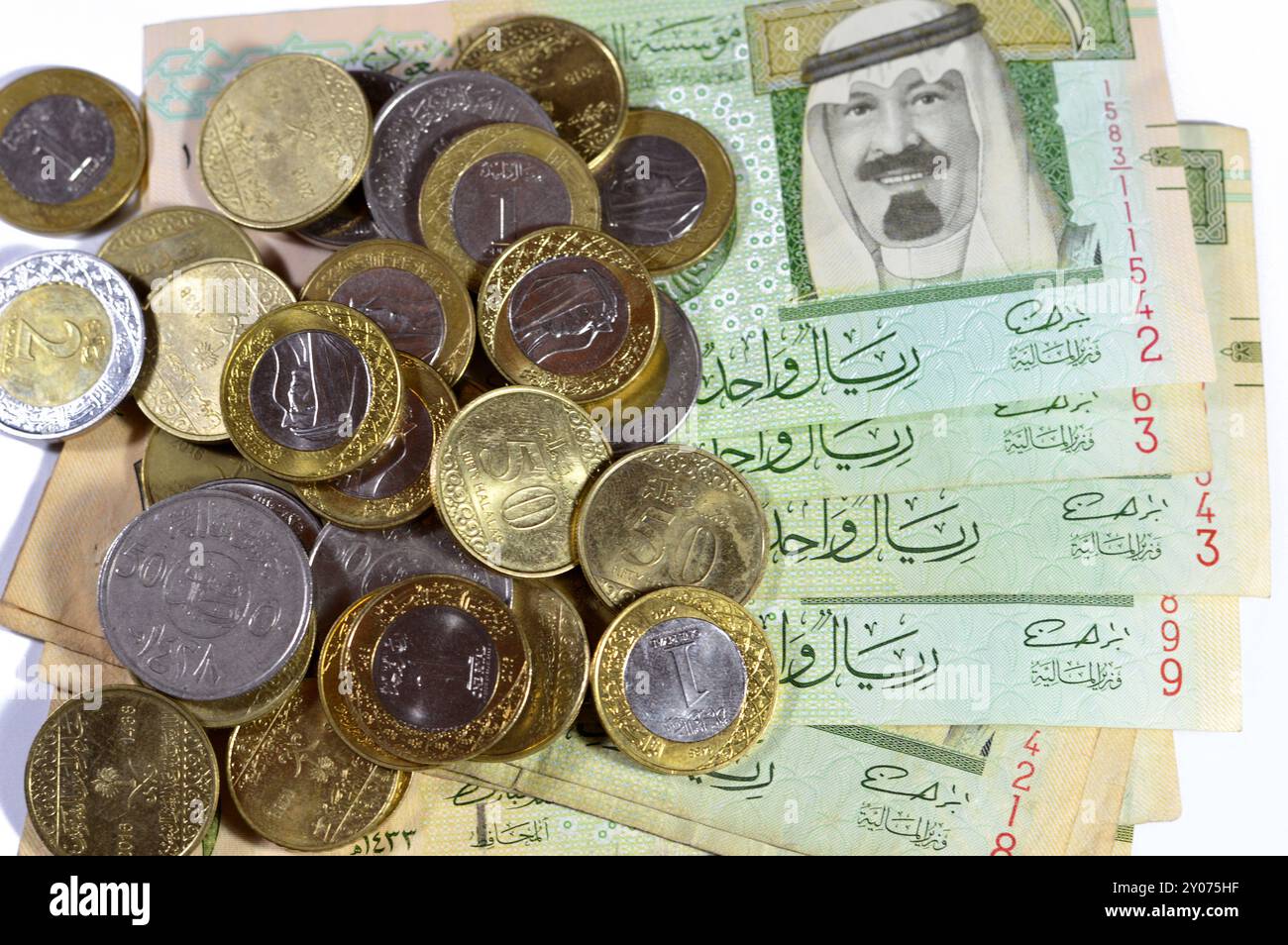 an old Saudi Arabia banknote bill, one 1 Riyal SAR features AbdullAllah ...