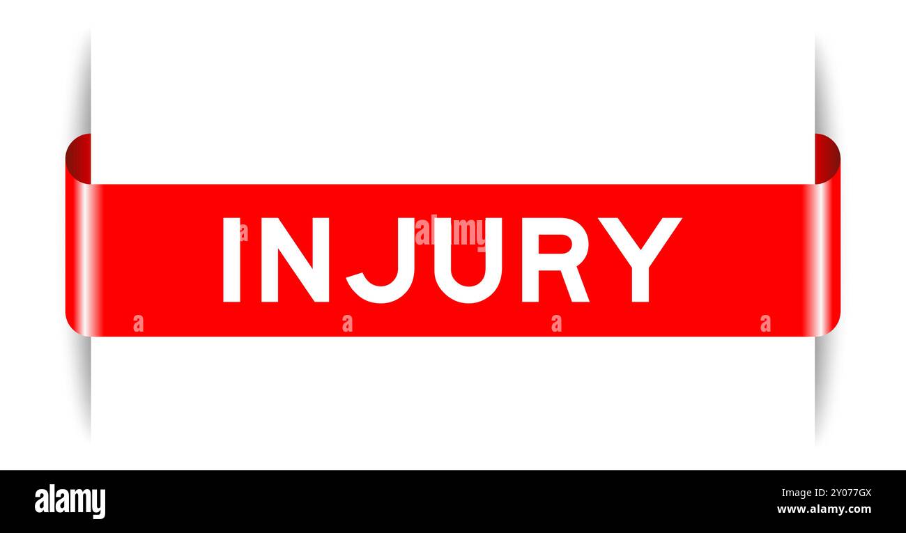 Red color inserted label banner with word injury on white background ...