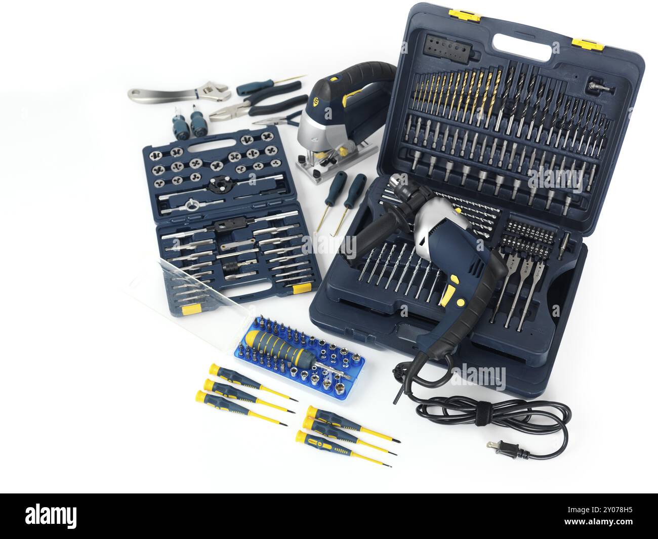 Electric drill, a jigsaw, thread cutting dies and taps, drill bits and ...