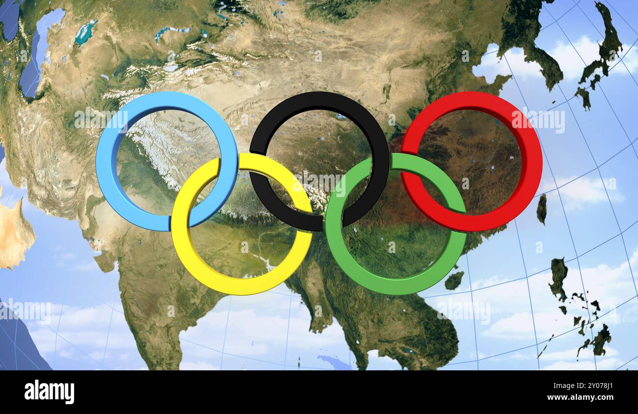 Olympic rings symbol over China map conceptual 3D illustration 2008 ...