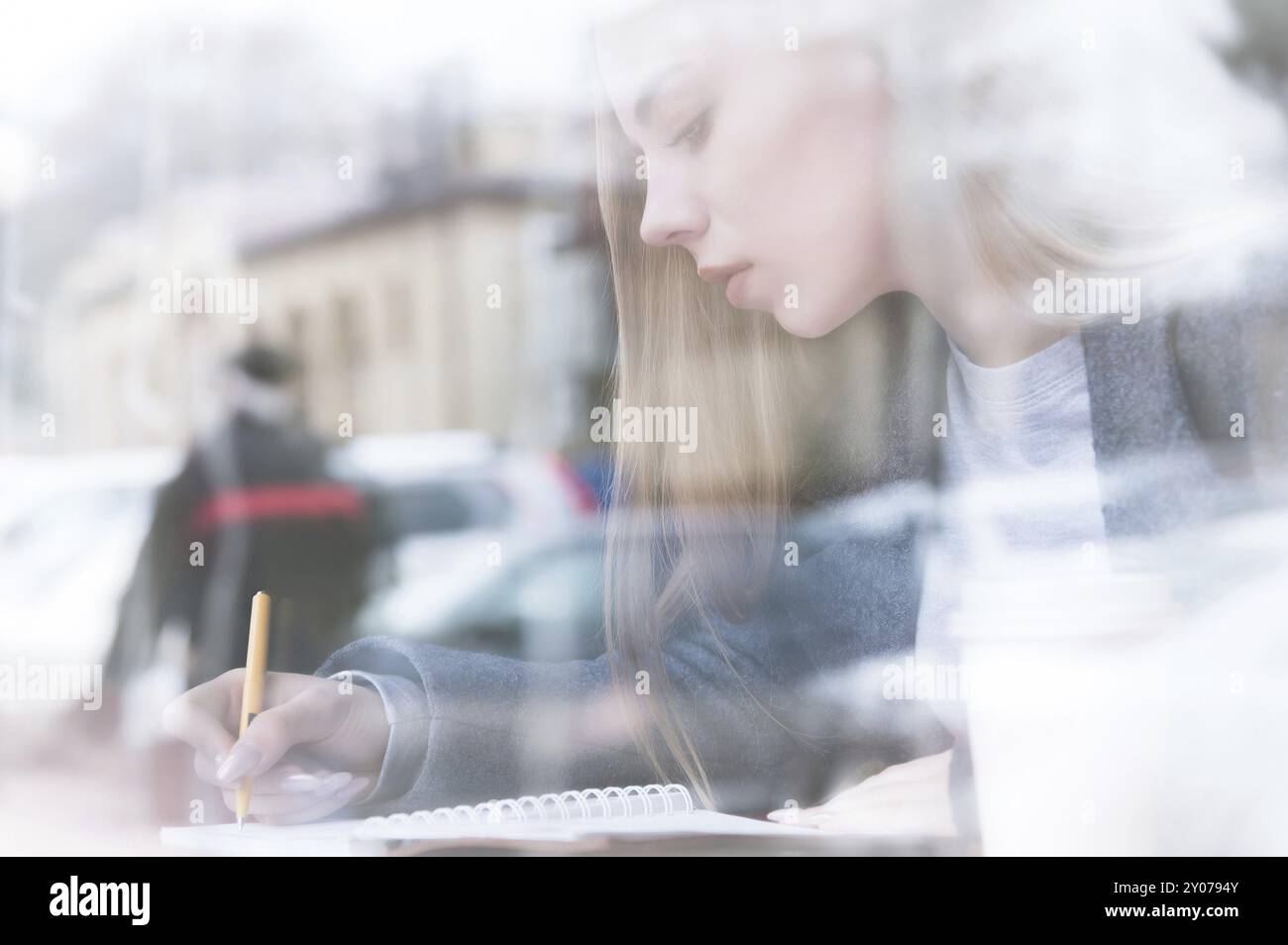 Portrait of an attractive young journalist girl with pen and notepad in ...
