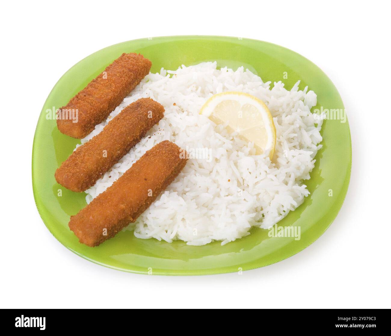 Delicios food (rice and fish sticks) in green china plate isolated on ...